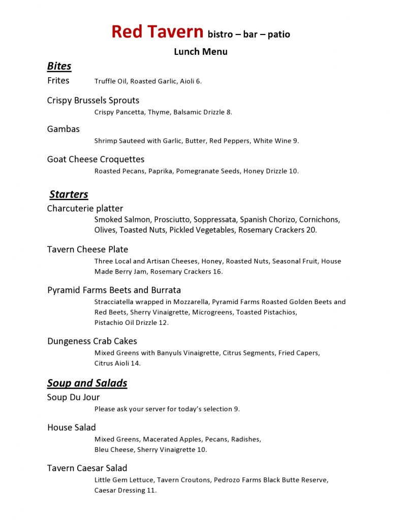 Thursday and Friday Lunch Menu – Red Tavern